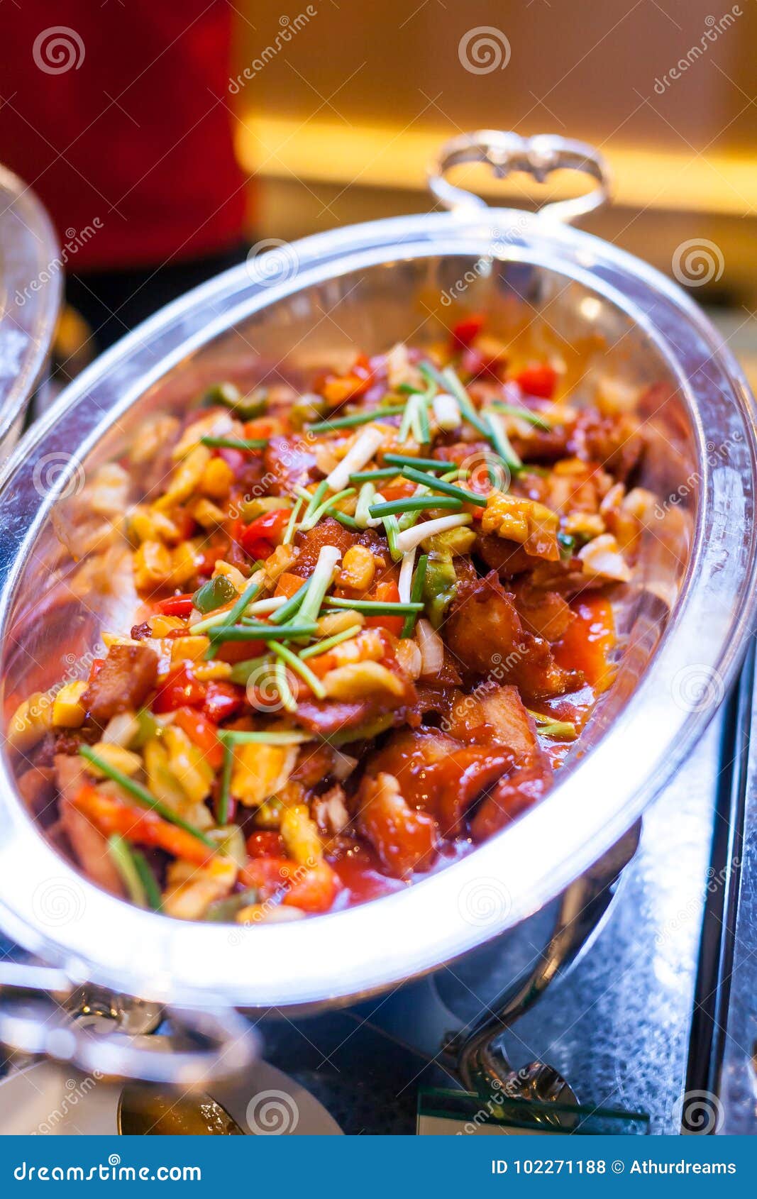 Deep Fried Fish with Cashew Nuts, Sweet and Sour Source on Buffet Tray ...