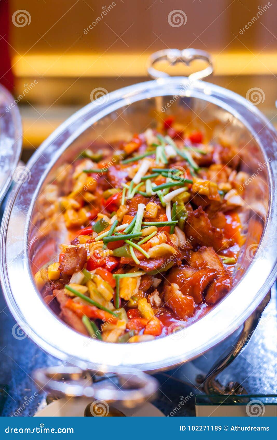 Deep Fried Fish with Cashew Nuts, Sweet and Sour Source on Buffet Tray ...