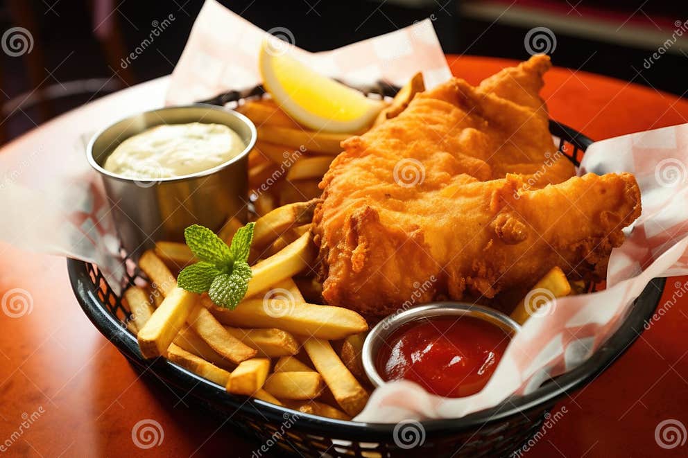 Deep-fried Fish and Chips in a Basket Stock Photo - Image of food ...