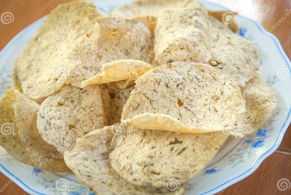 Deep Fried Fish Cracker in White Dish Stock Photo - Image of starter ...