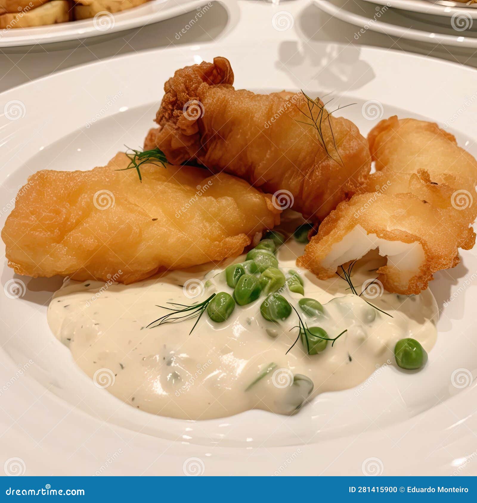 Deep Fried Fish with White Sauce on a White Plate Stock Illustration ...