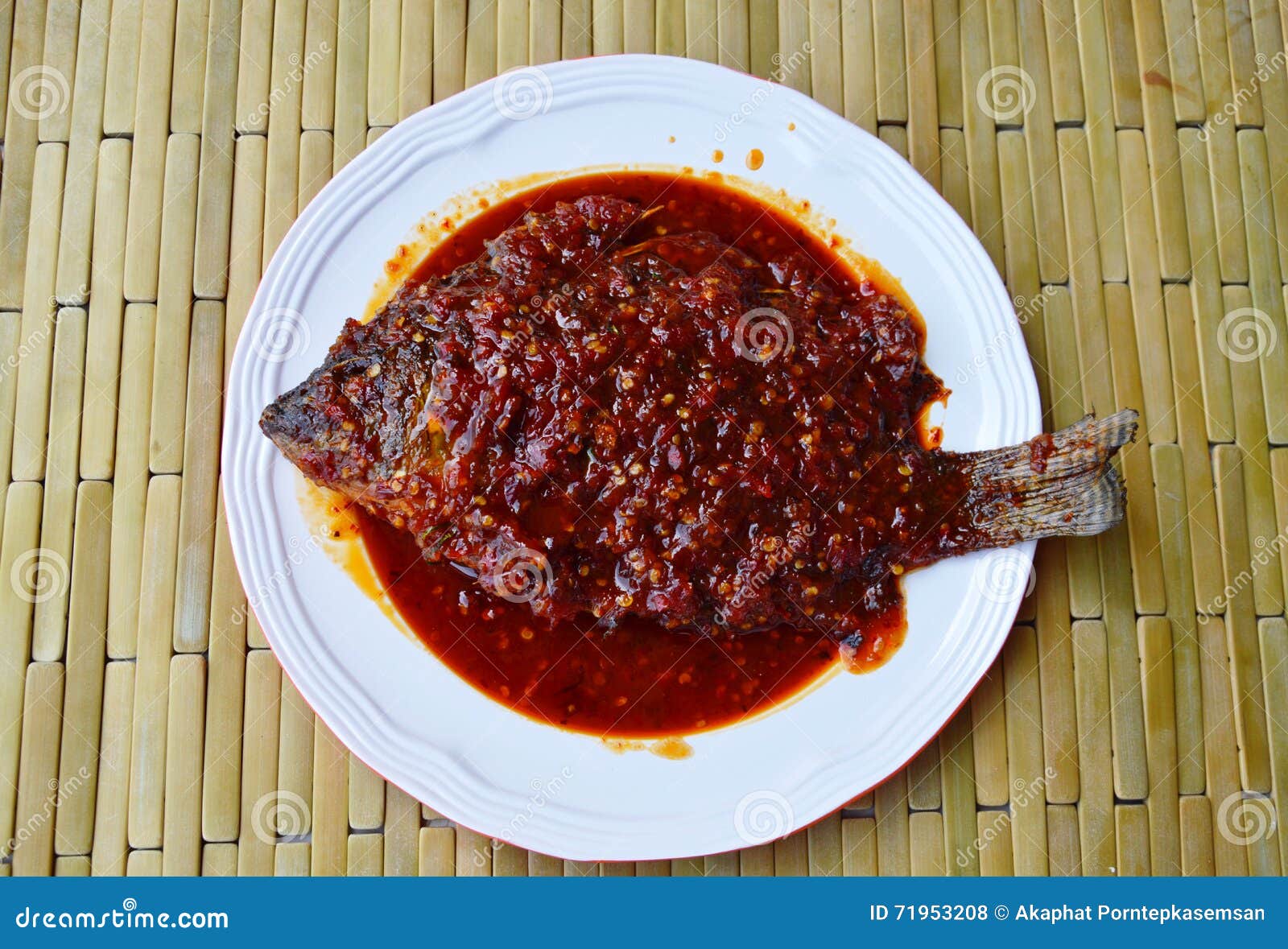 Deep Fried Mango Fish Dressing Chili Sauce on Plate Stock Photo - Image ...
