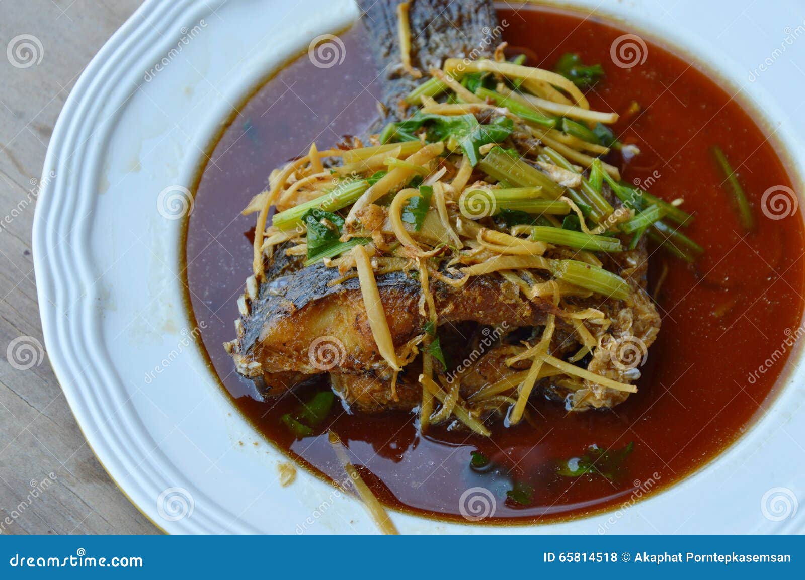 Deep Fried Mango Fish Dressing Soy Sauce and Slice Ginger Stock Photo ...