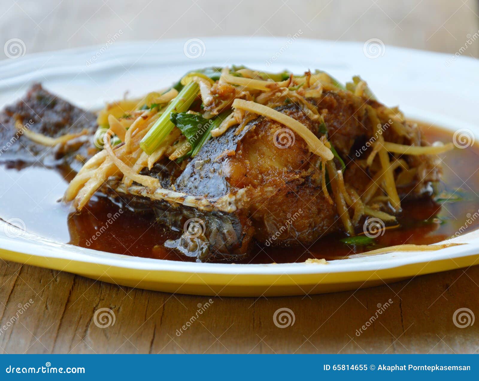 Deep Fried Mango Fish Dressing Soy Sauce and Slice Ginger Stock Image ...