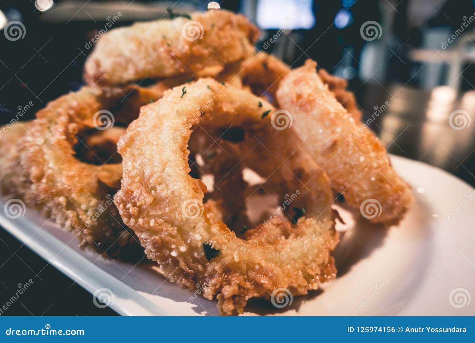 Deep Fried Onion Ring Serve Along Side Pizza Stock Photo - Image of ...