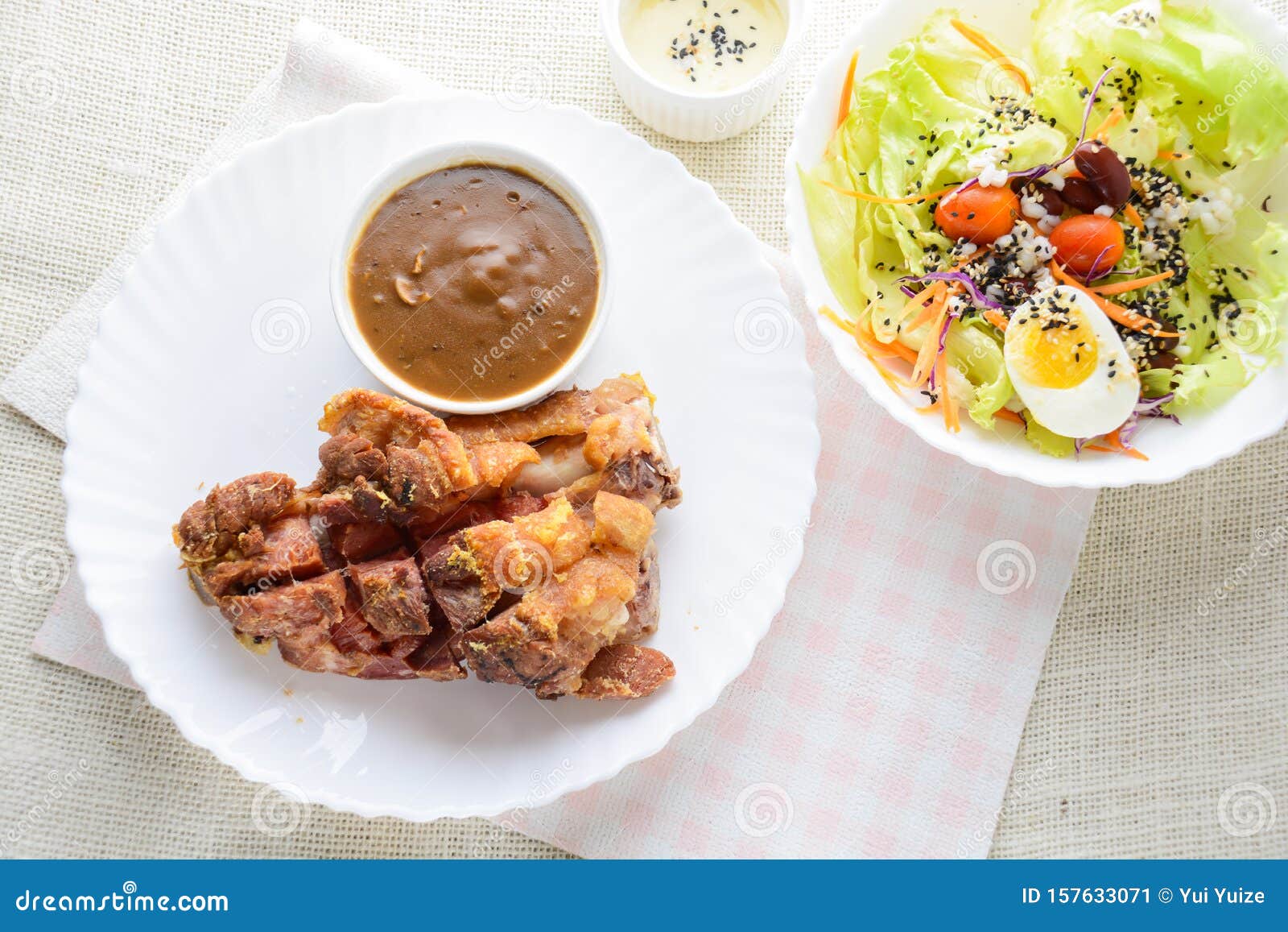 Deep Fried Pork Knuckle with Mushroom Gravy Source, Fresh Vegetable and ...