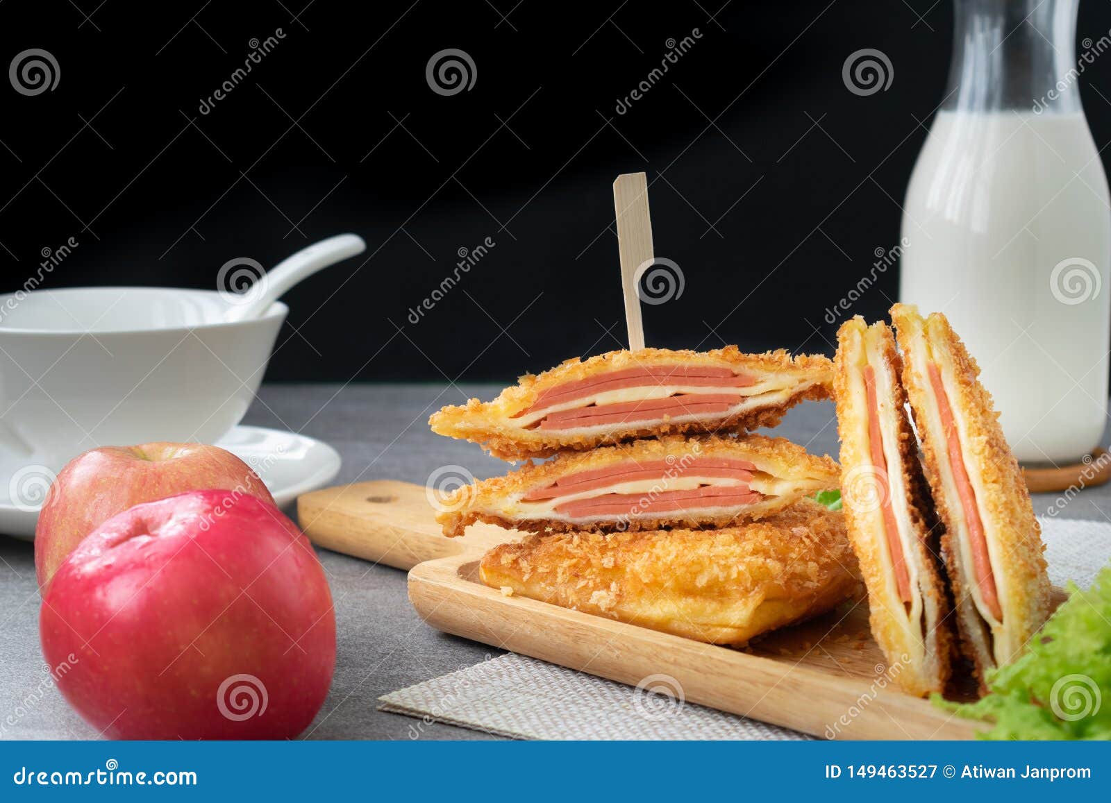 Deep Fried Sandwich Stuffed Ham Cheese in Wooden Dish on Table Stock ...