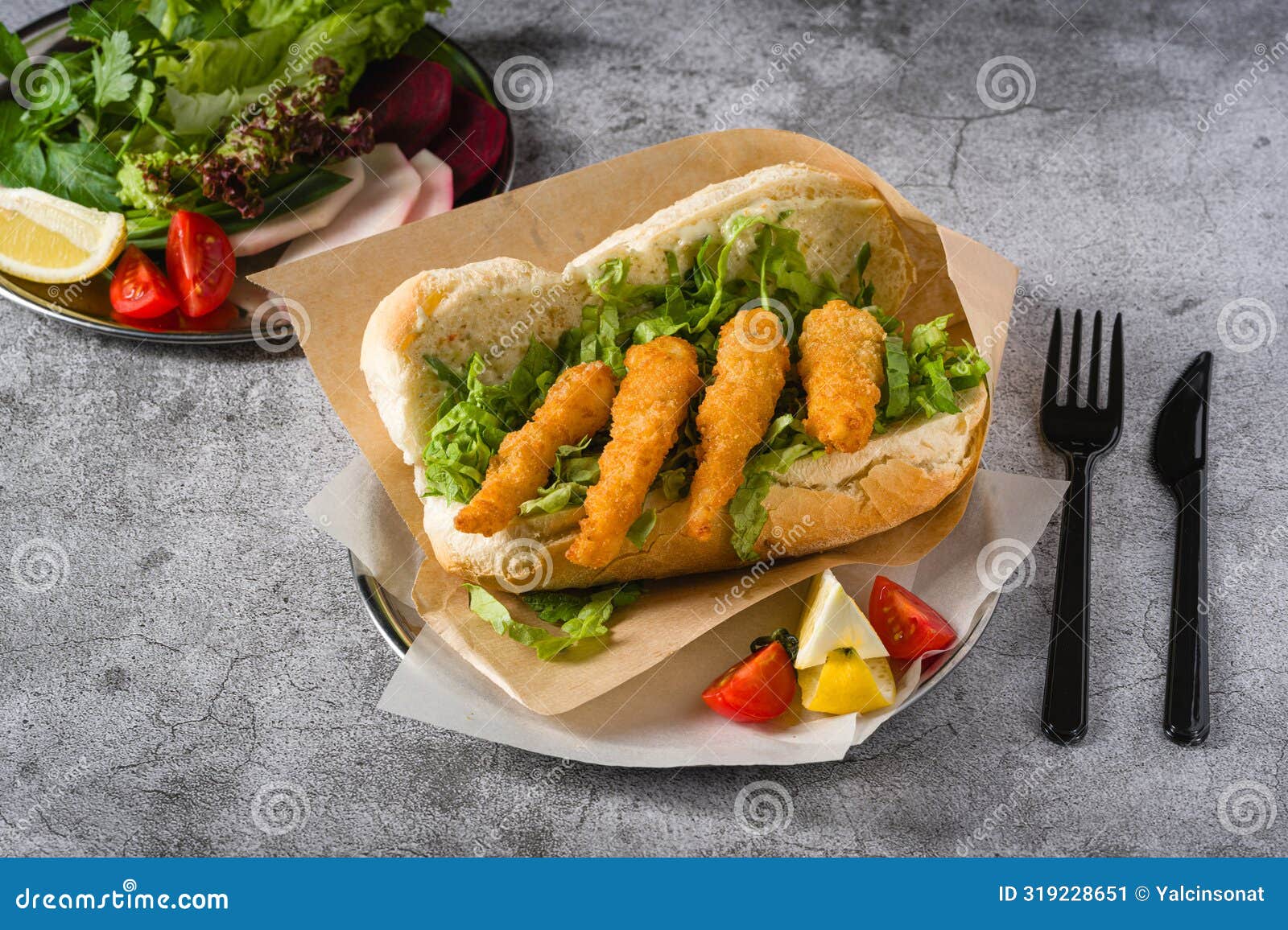 Deep Fried Shrimp in Bread with Greens on the Side. Shrimp Sandwich ...