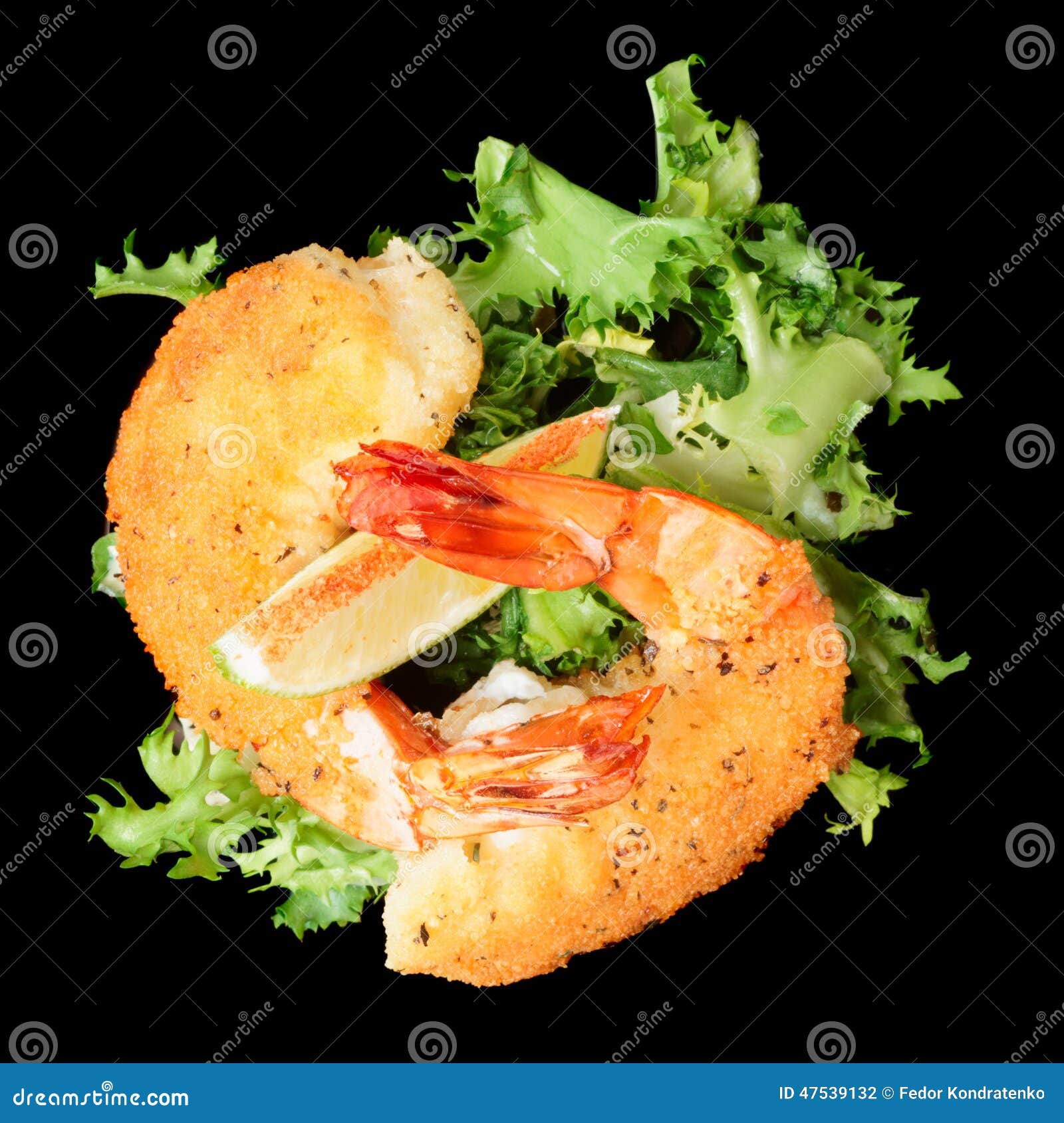 Deep Fried Shrimps with Lettuce Isolated on Black Stock Photo - Image ...