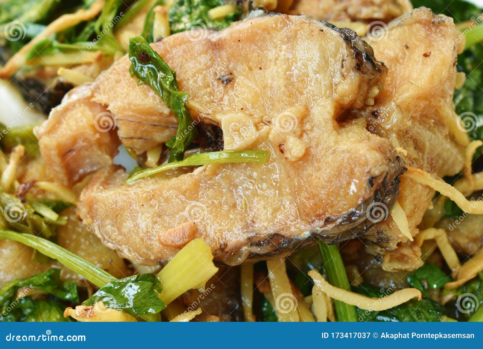 Deep Fried Slice Striped Snake Head Fish with Ginger and Celery on Dish ...