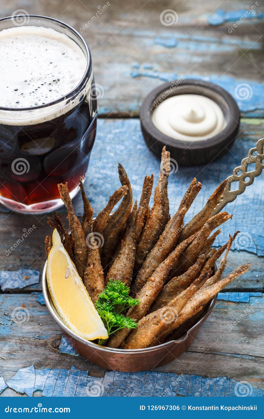 Deep-Fried Smelt Fish with Beer, Copy Space. Stock Photo - Image of ...