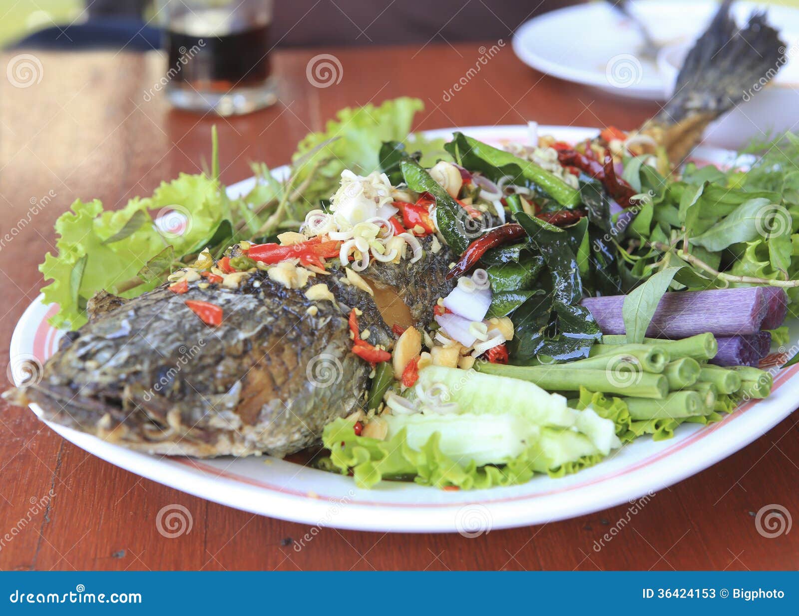Deep Fried Snakehead Fish with Herb Stock Image - Image of side, food ...