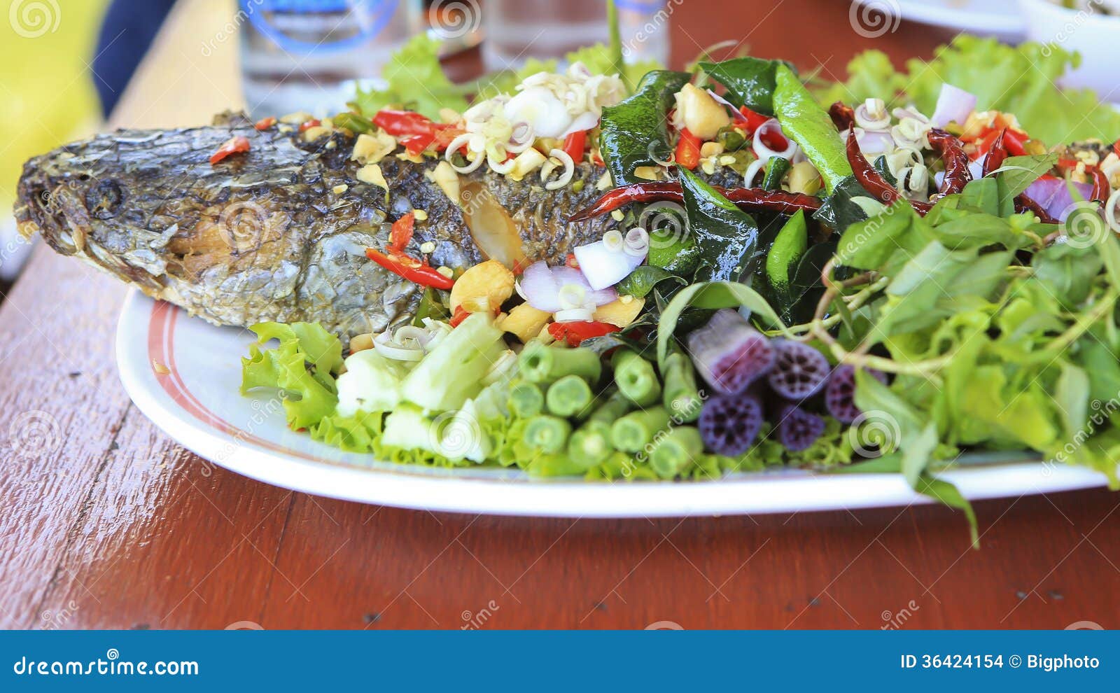 Deep Fried Snakehead Fish with Herb Stock Photo - Image of cuisine ...