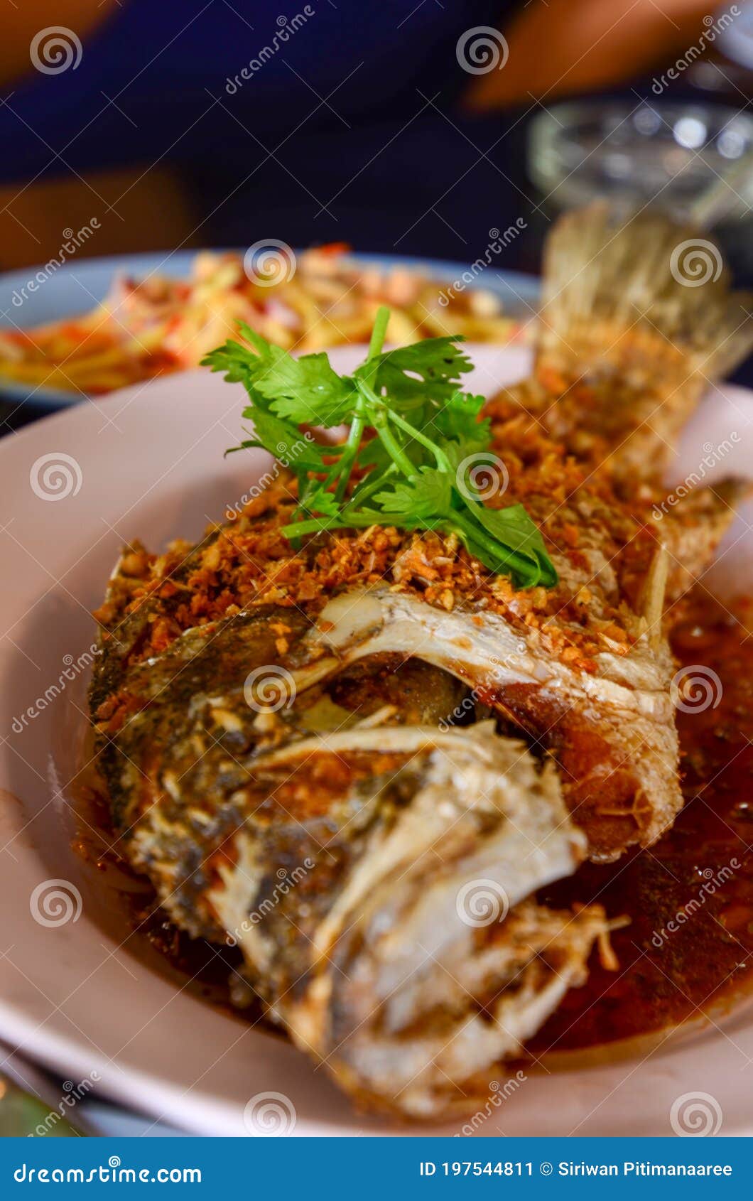 DEEP-FRIED Snapper FISH with GARLIC , Selective Focus Stock Image ...