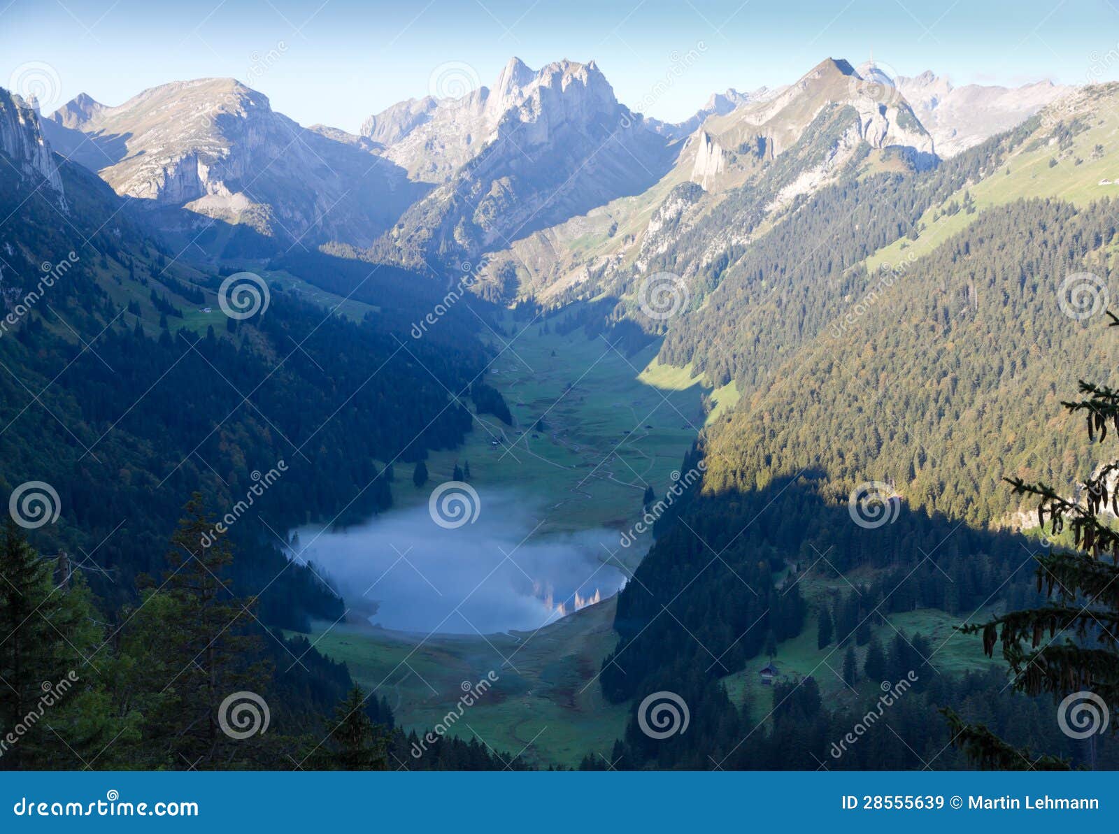 Deep Green Valley with Lake and Mist, Switzerland Stock Image - Image ...