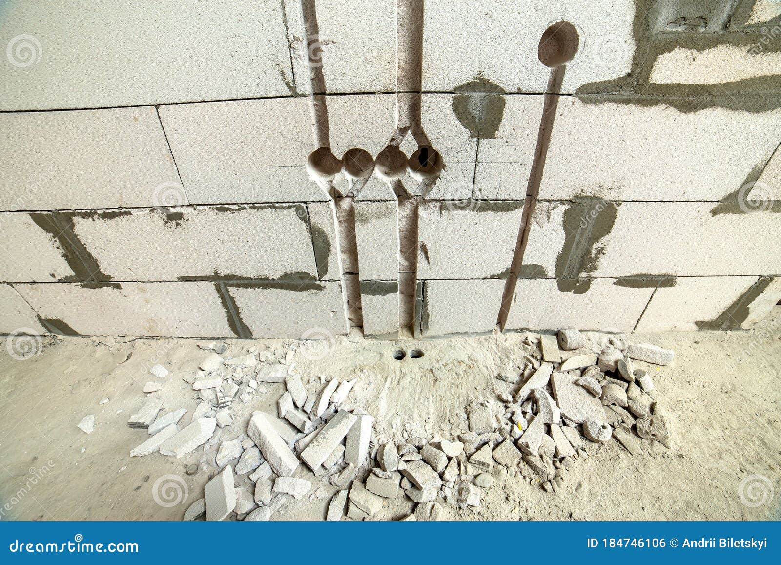 Deep Grooves and Holes in White Brick Wall Made for Installation of ...