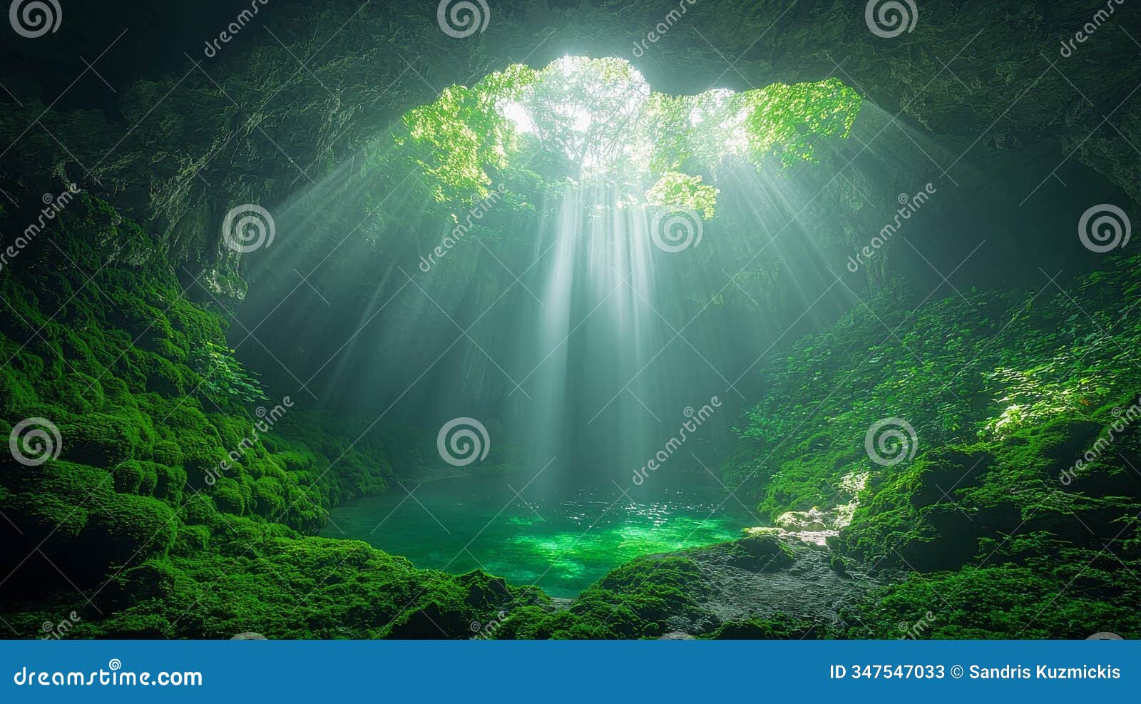 Deep Grotto Carved Into Lush Hillside With Light Beams. Generative AI ...