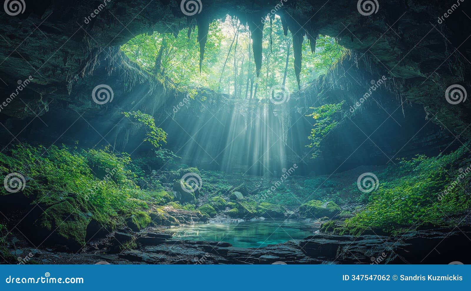 Deep Grotto Carved Into Lush Hillside With Light Beams. Generative AI ...