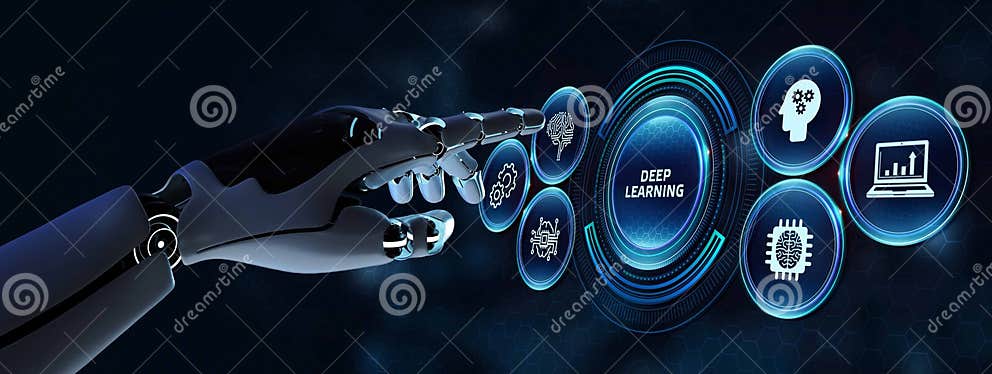 Deep Learning Artificial Intelligence Neural Network. Robot Pressing Button on Virtual Screen ...