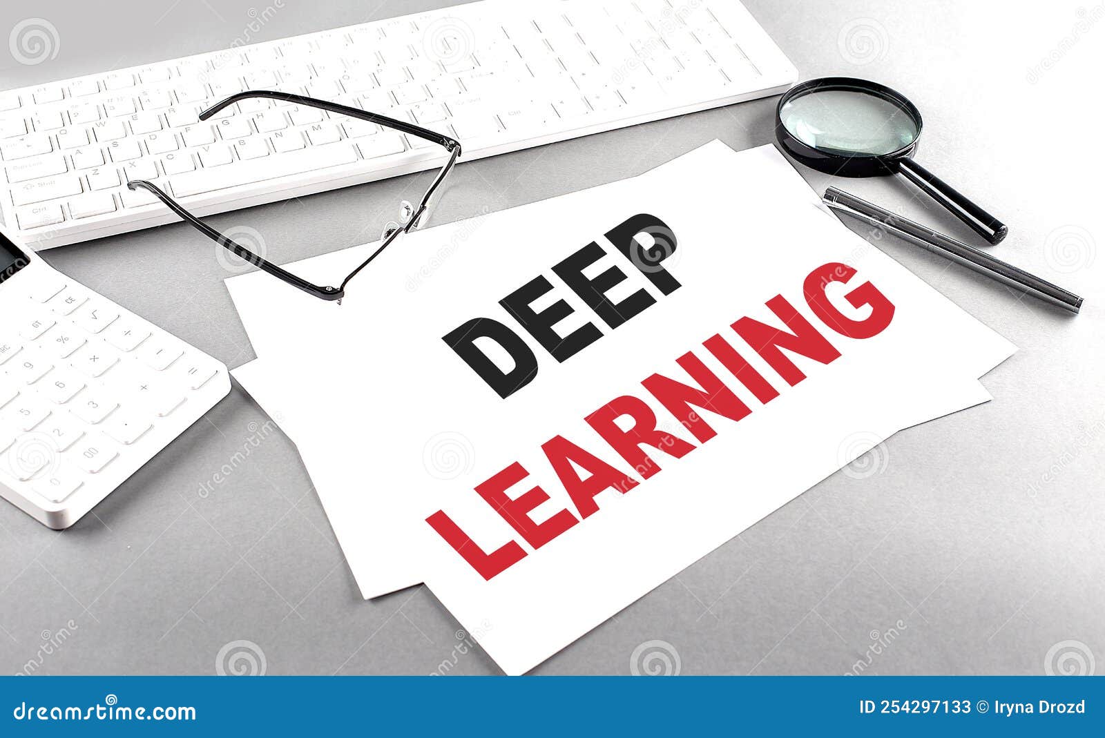 DEEP LEARNING Text on a Paper with Keyboard, Calculator on Grey ...