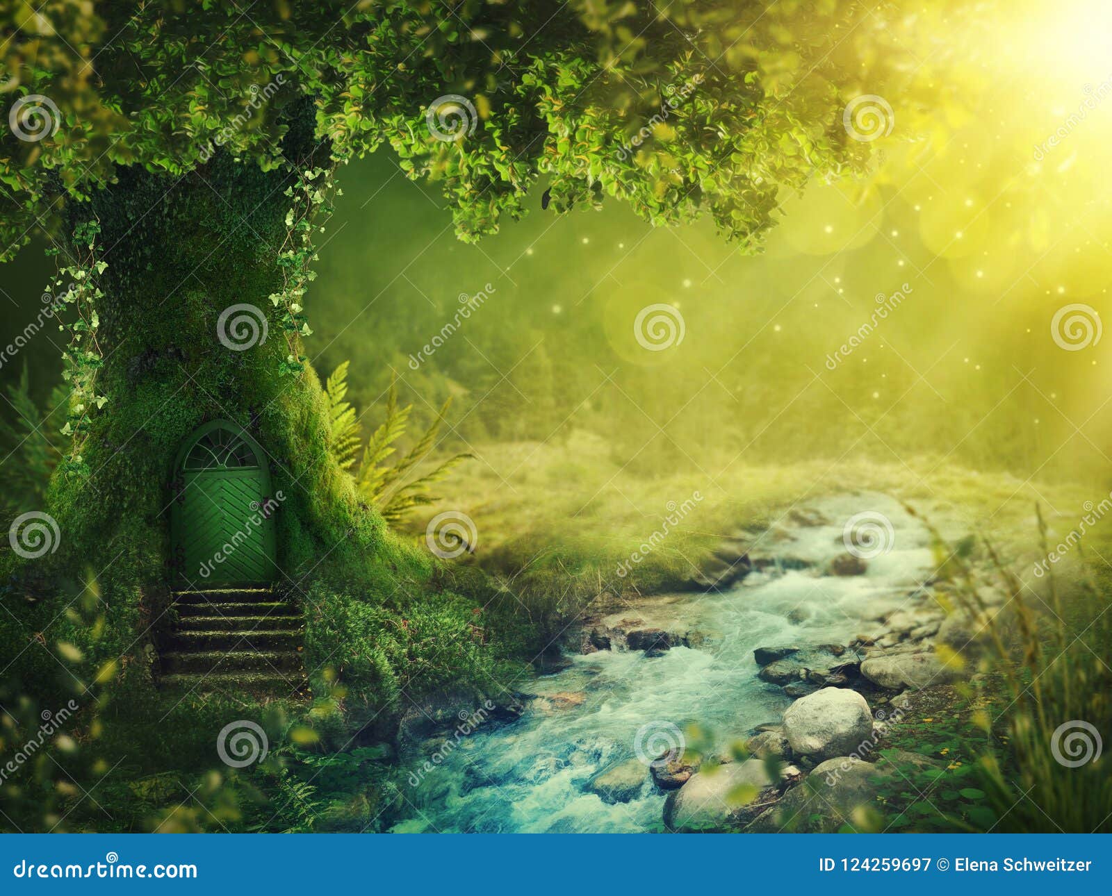 Deep magic forest stock image. Image of river, flowers - 124259697