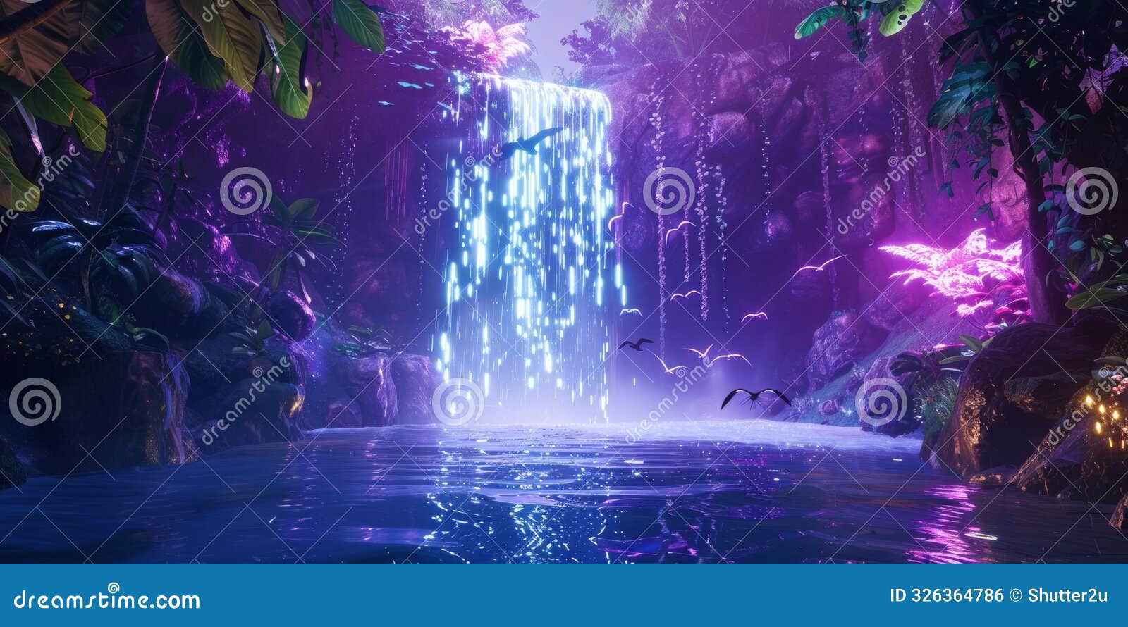 Deep in the Neon Rainforest a Hidden Waterfall Glowing with Neon Lights ...