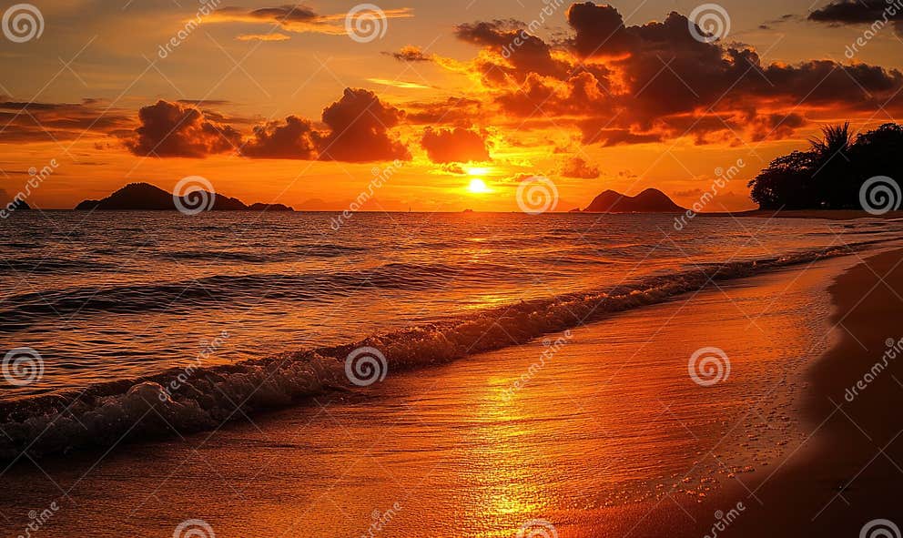 Deep Orange Sunset Casting Long Shadows on the Beach Stock Image ...