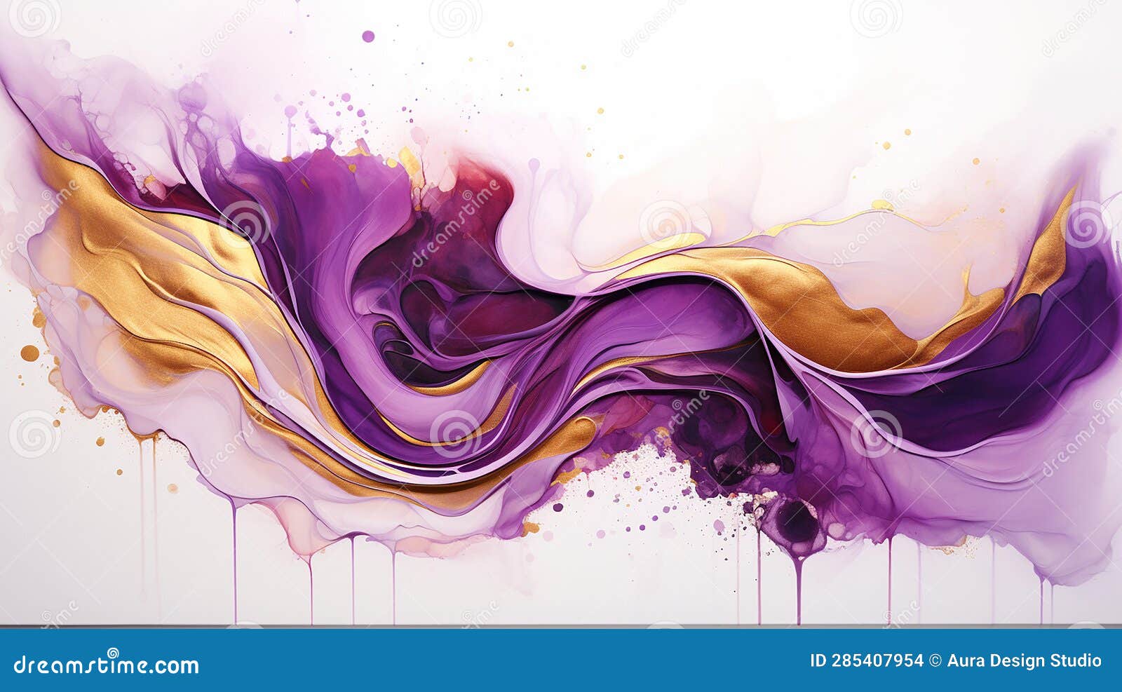 Deep Purple and Gold Flowing Artwork on White Background. Stock ...