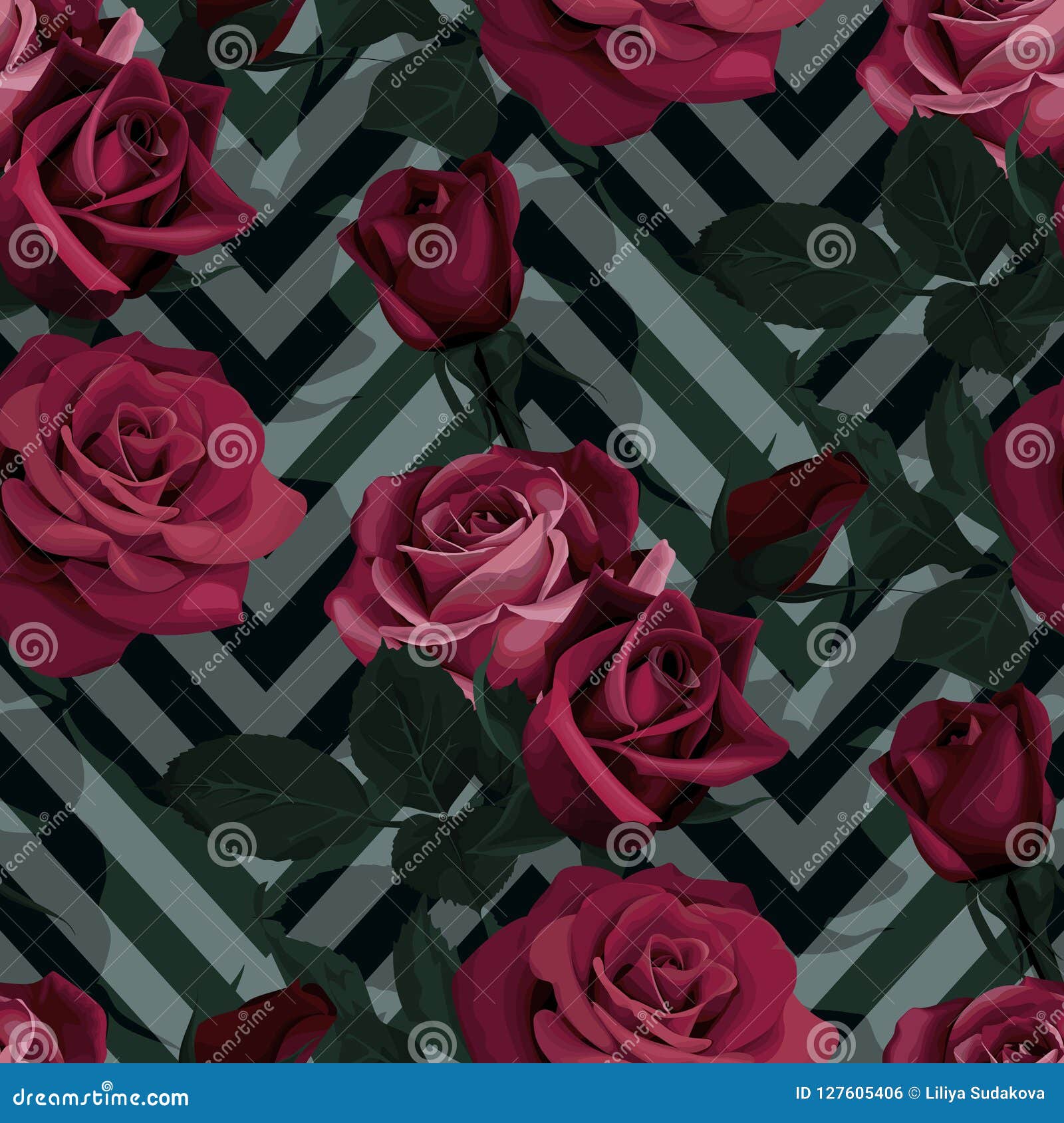 Deep Red Roses Vector Seamless Pattern. Dark Flowers on Chevron ...