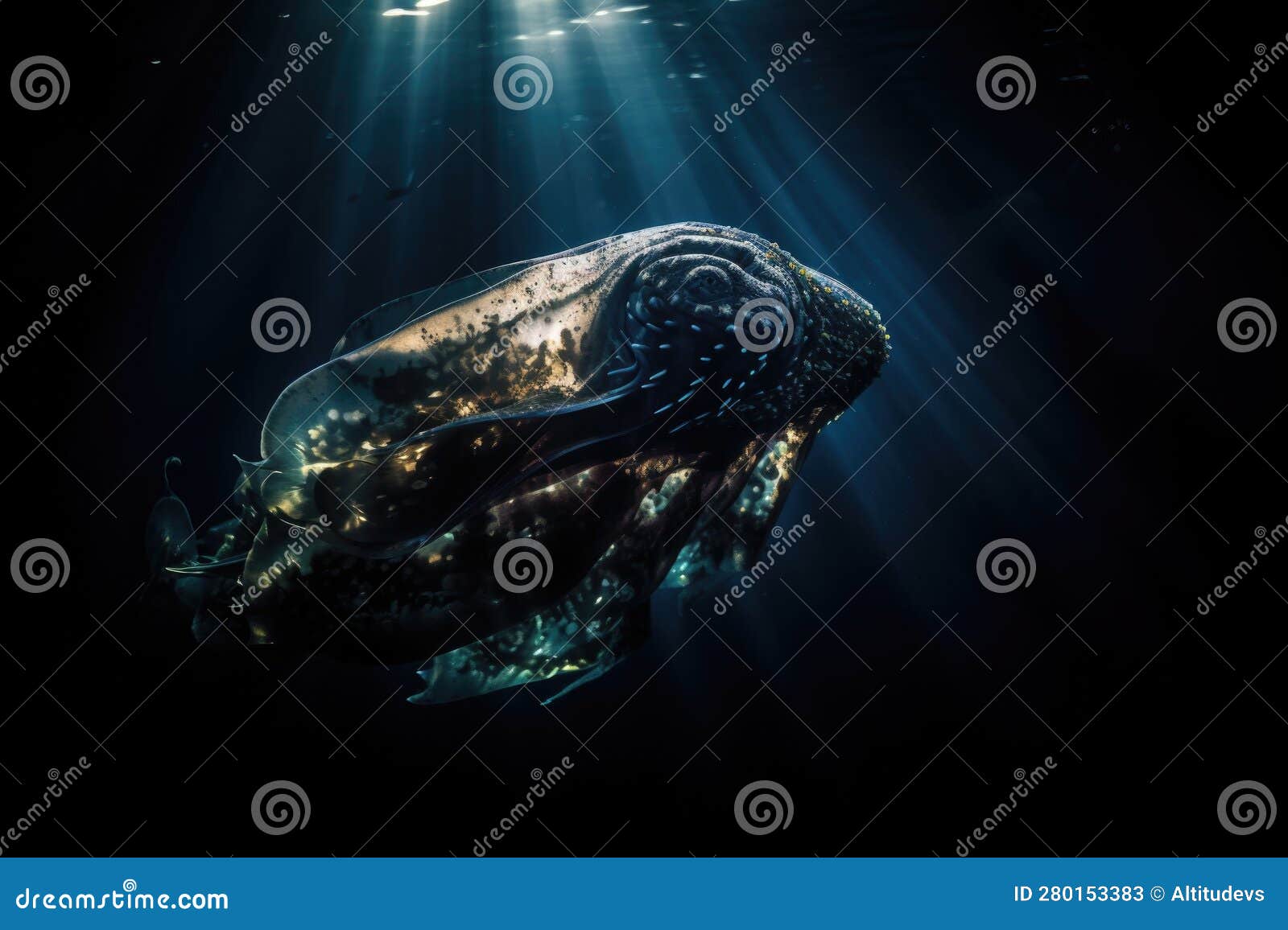Deep-sea Creature Swimming through the Depths, Surrounded by Shimmering ...