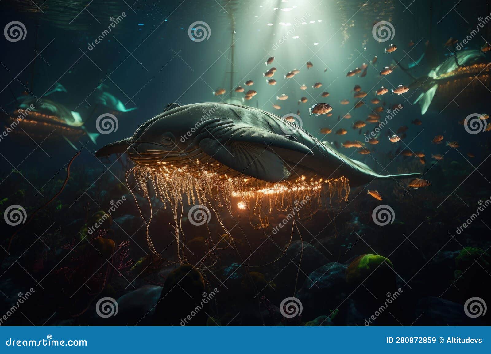 Deep-sea Creature Swimming Past School of Fish, Surrounded by Glowing ...