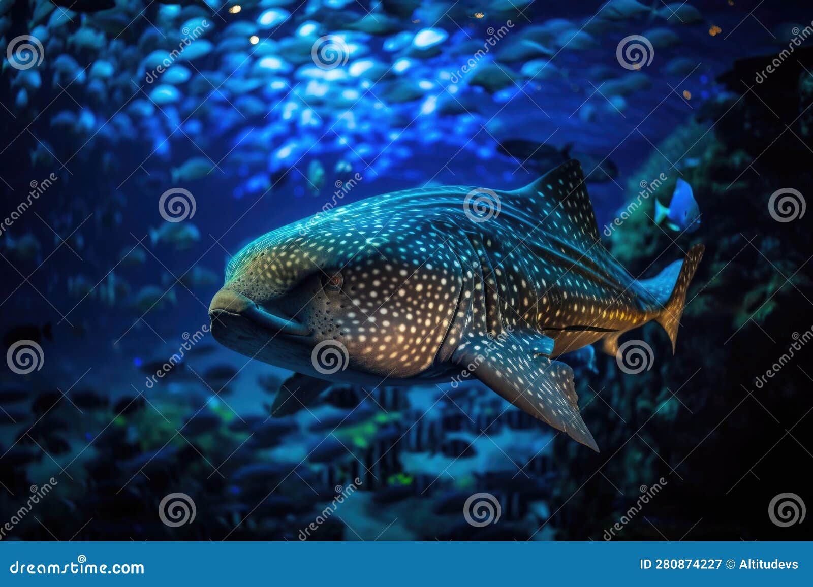 Deep-sea Creature Swimming Past School of Fish, Surrounded by Glowing ...