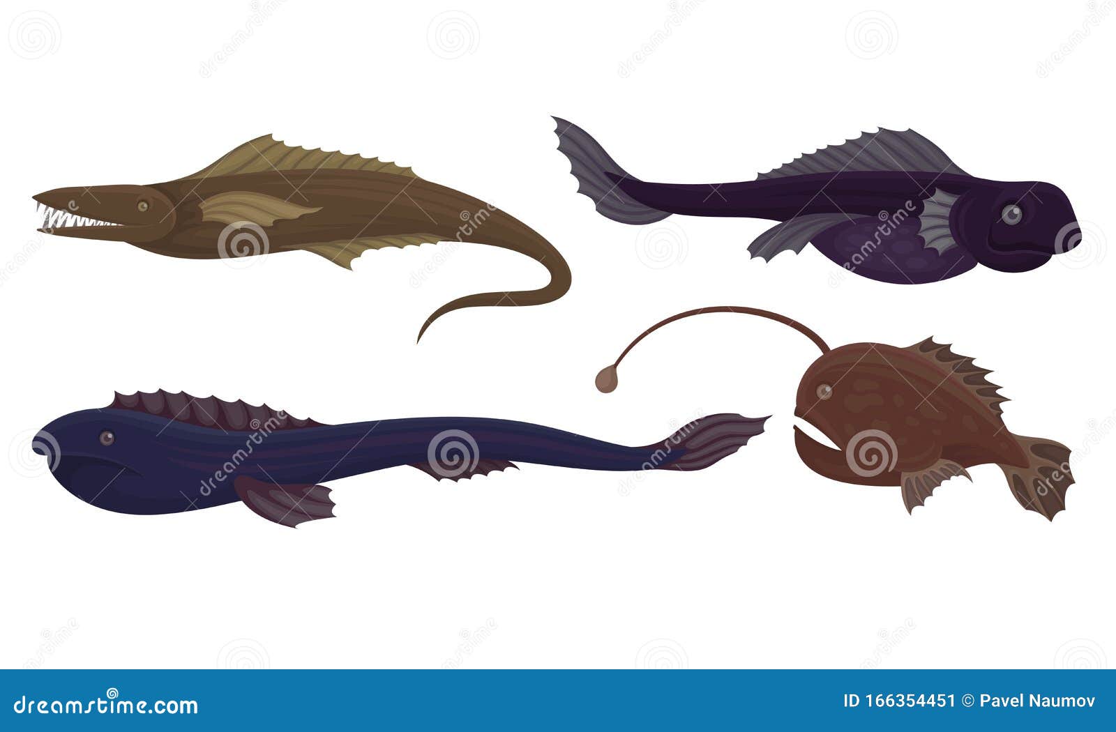 Deep Sea Creatures Vector Set. Marine Dangerous Fish With Sharp Teeth ...