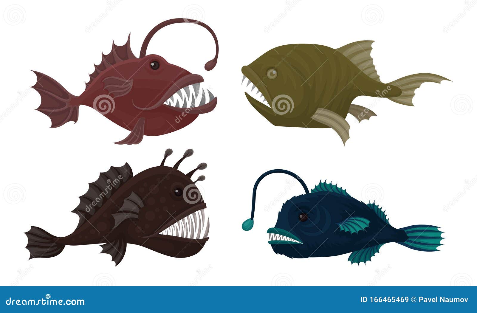Deep Sea Creatures Vector Set. Marine Dangerous Fish with Sharp Teeth ...