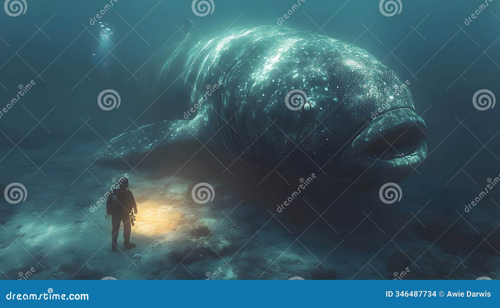 Deep Sea Encounter - Illustration of a Diver and a Giant Fish Stock ...