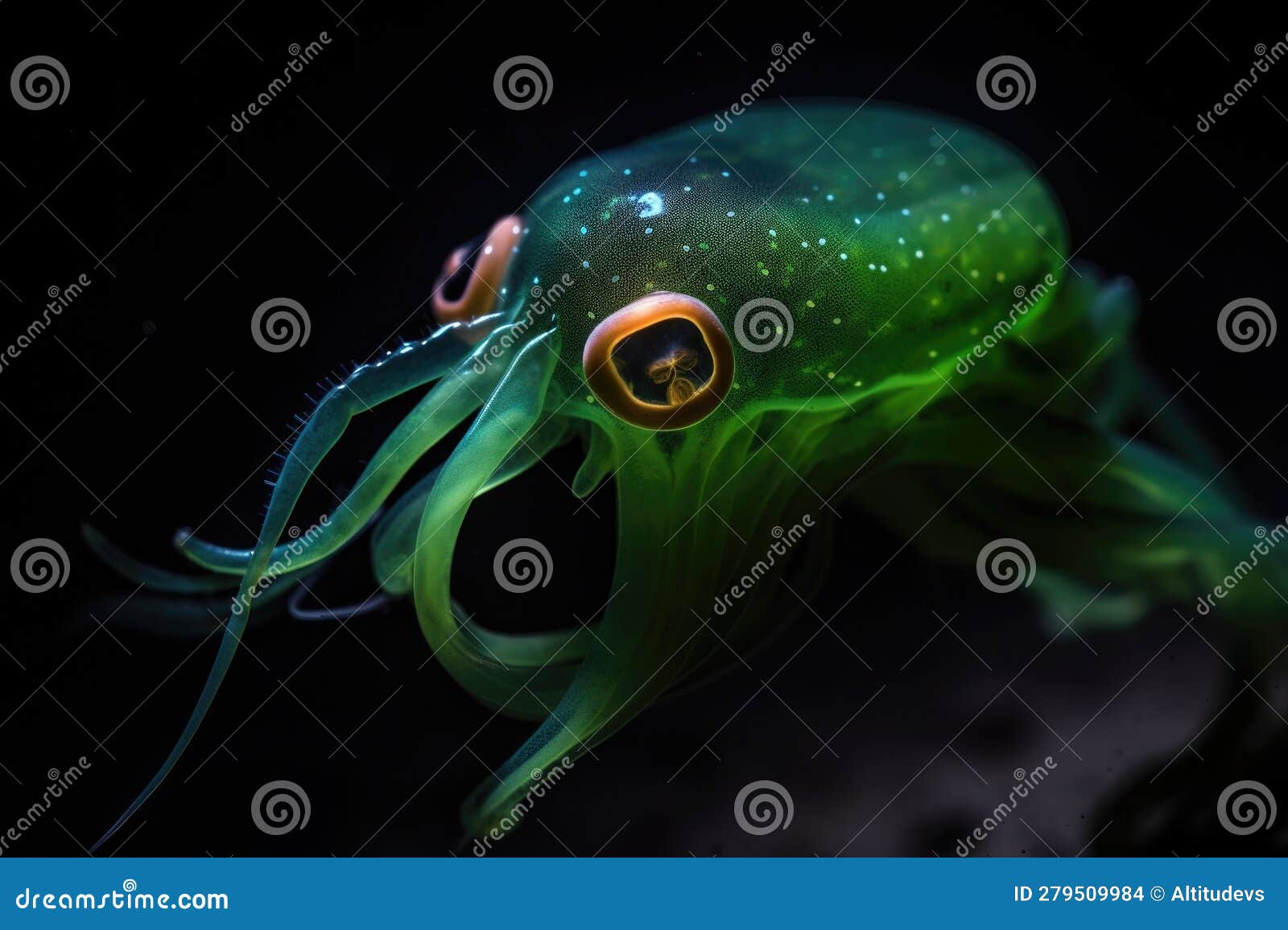 Deep-sea Squid, Its Tentacles in Attack Mode and Glowing Green Stock ...