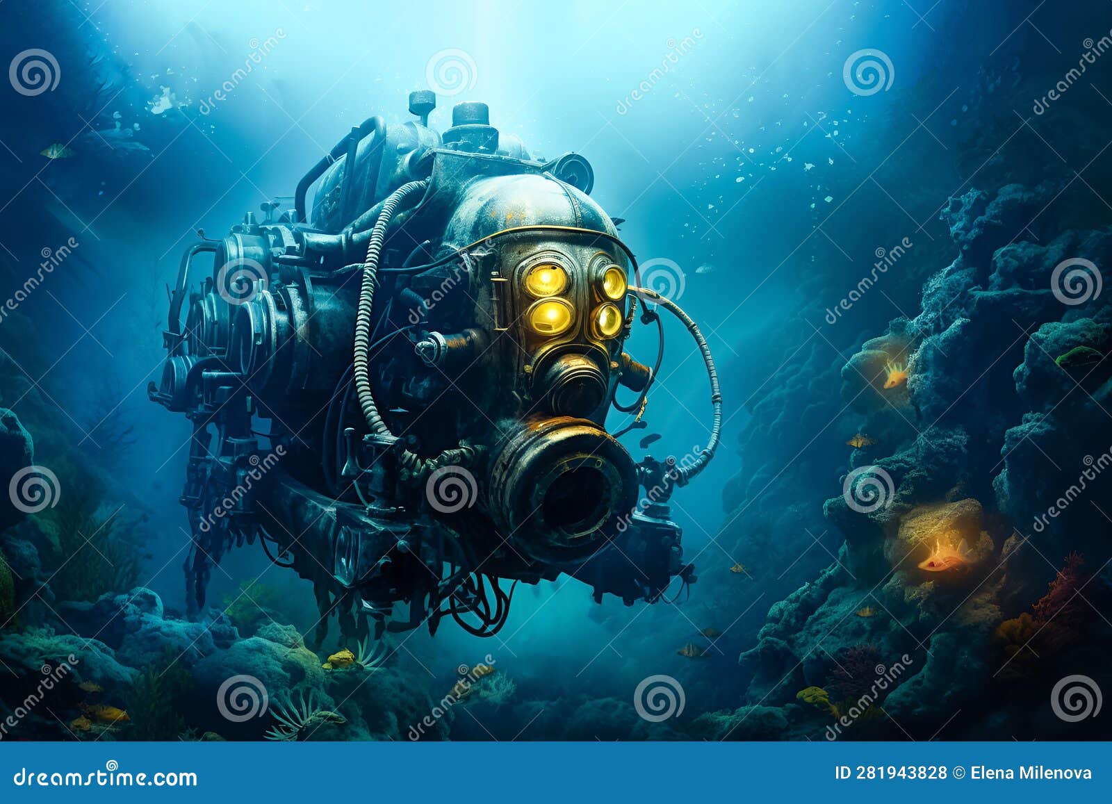 Deep Sea Submarine in Ocean. Stock Illustration - Illustration of reef ...