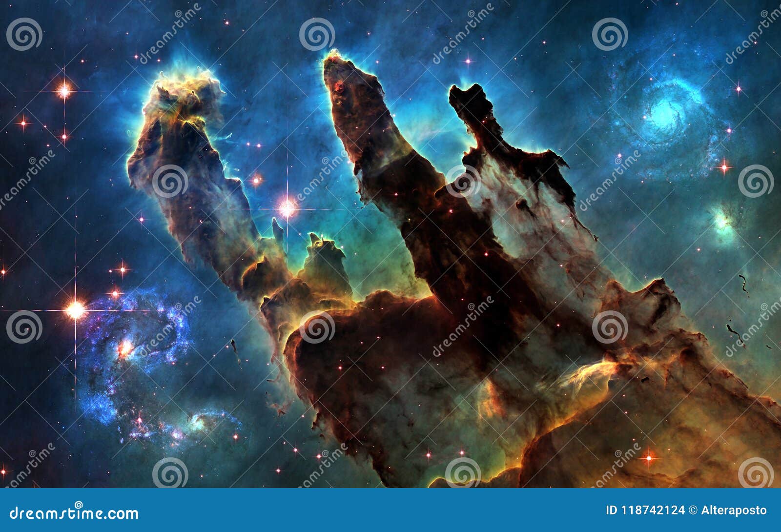 Deep Space. Pillars of Creation and Galaxies Stock Illustration ...