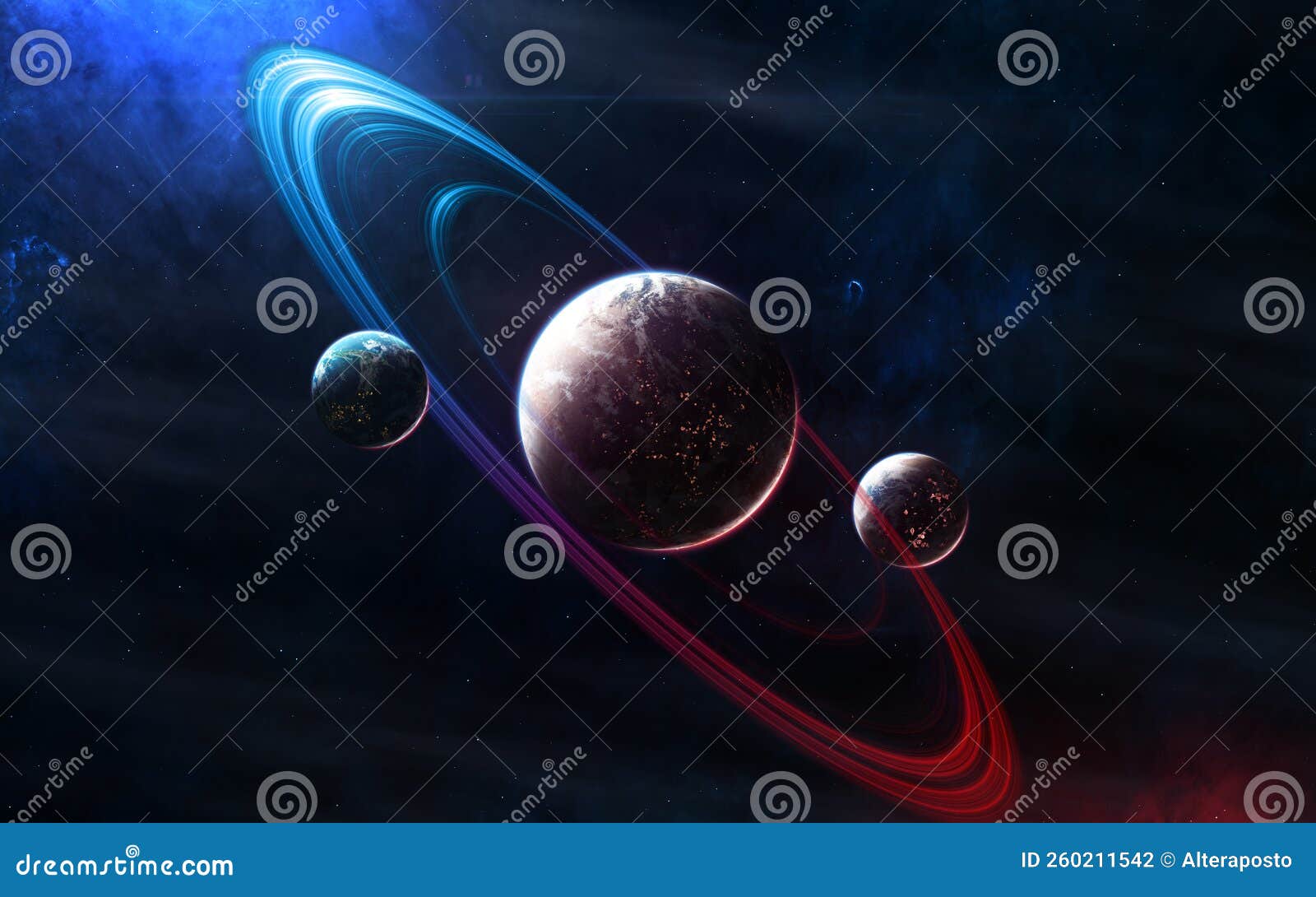 Deep Space Planets in Light of Blue and Red Stars Stock Illustration ...