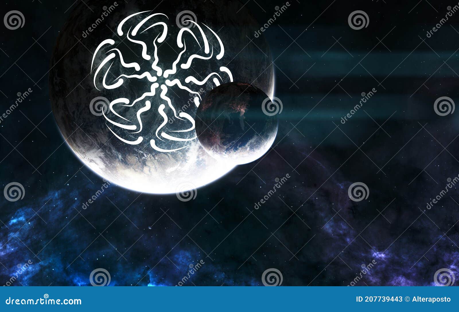 Deep Space Planets. Luminous Structures on Surface of Planet Stock ...