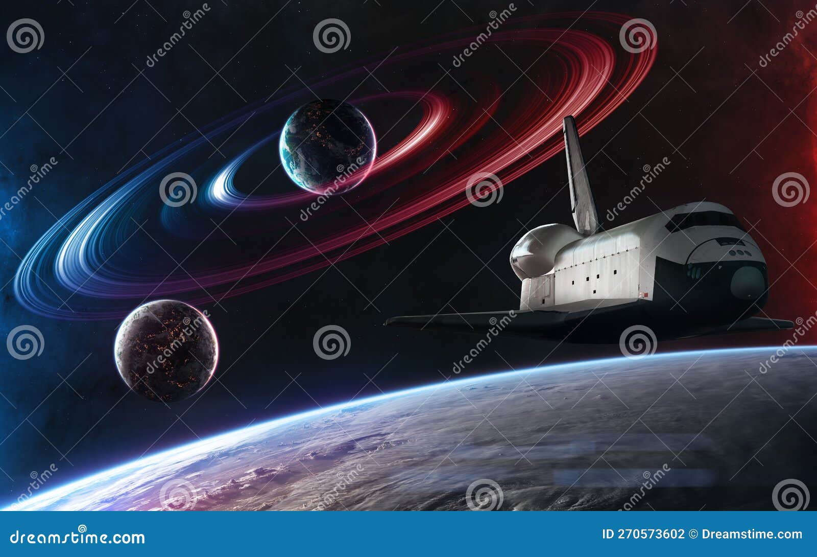 Deep Space Planets, Orbital Shuttle in Red and Blue Starlight Stock ...