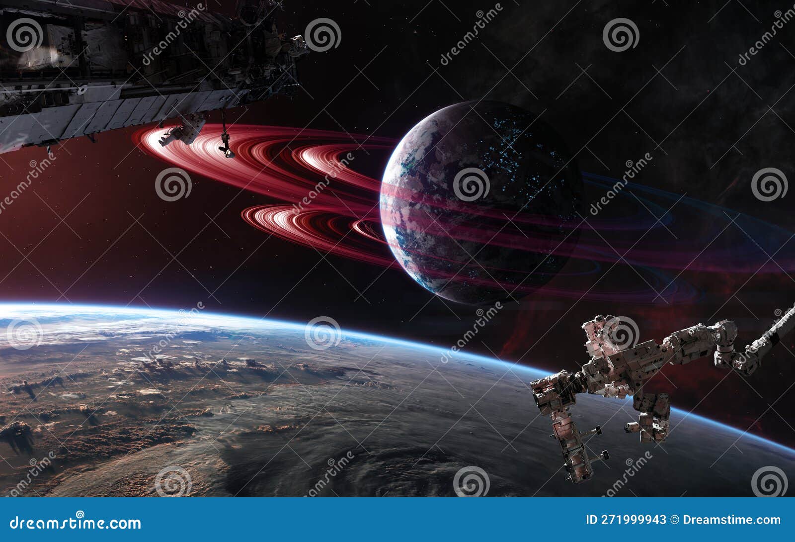 Deep Space Planets. Orbital Space Stations Stock Illustration ...