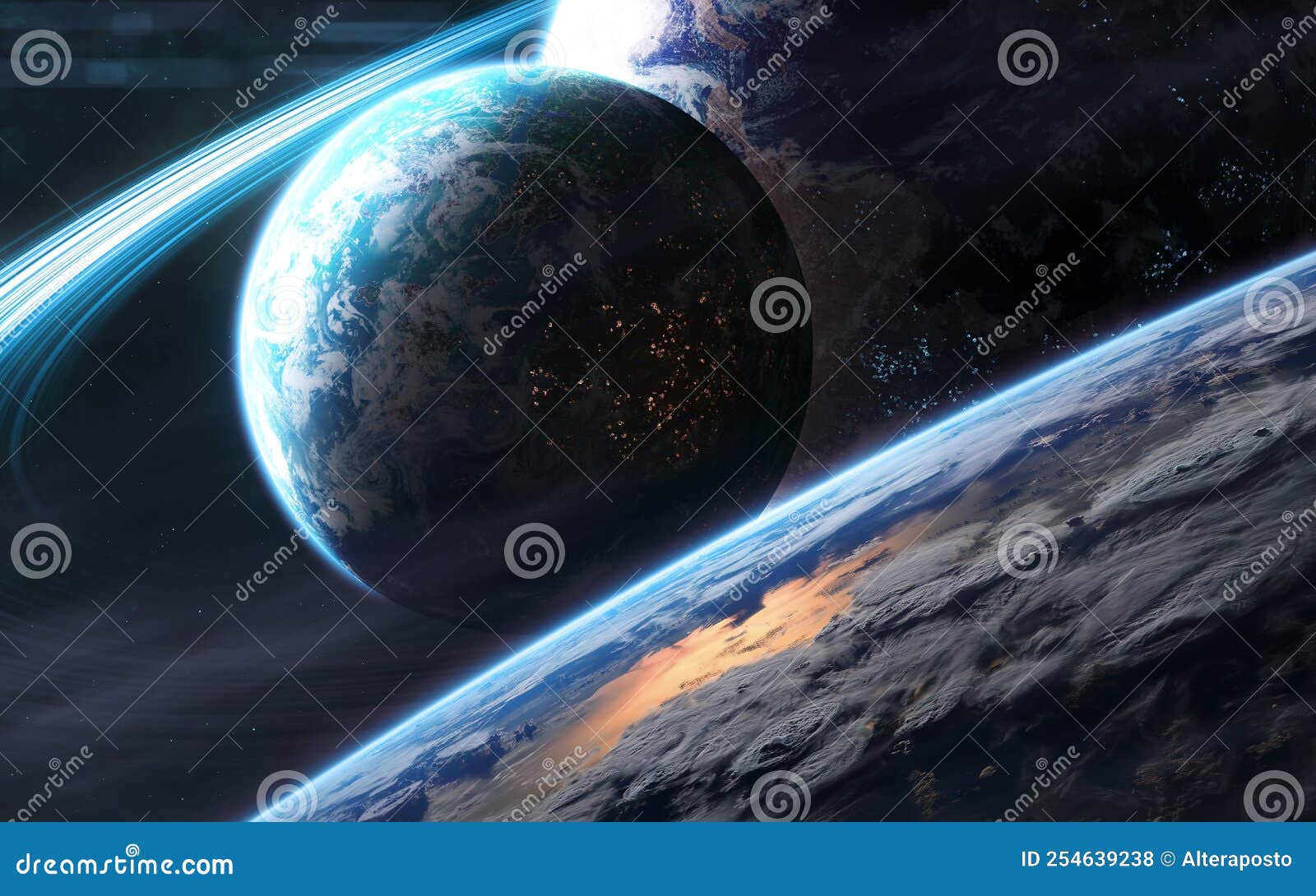 Deep Space Planets. View from Planetary Orbit through Space Dust Stock ...