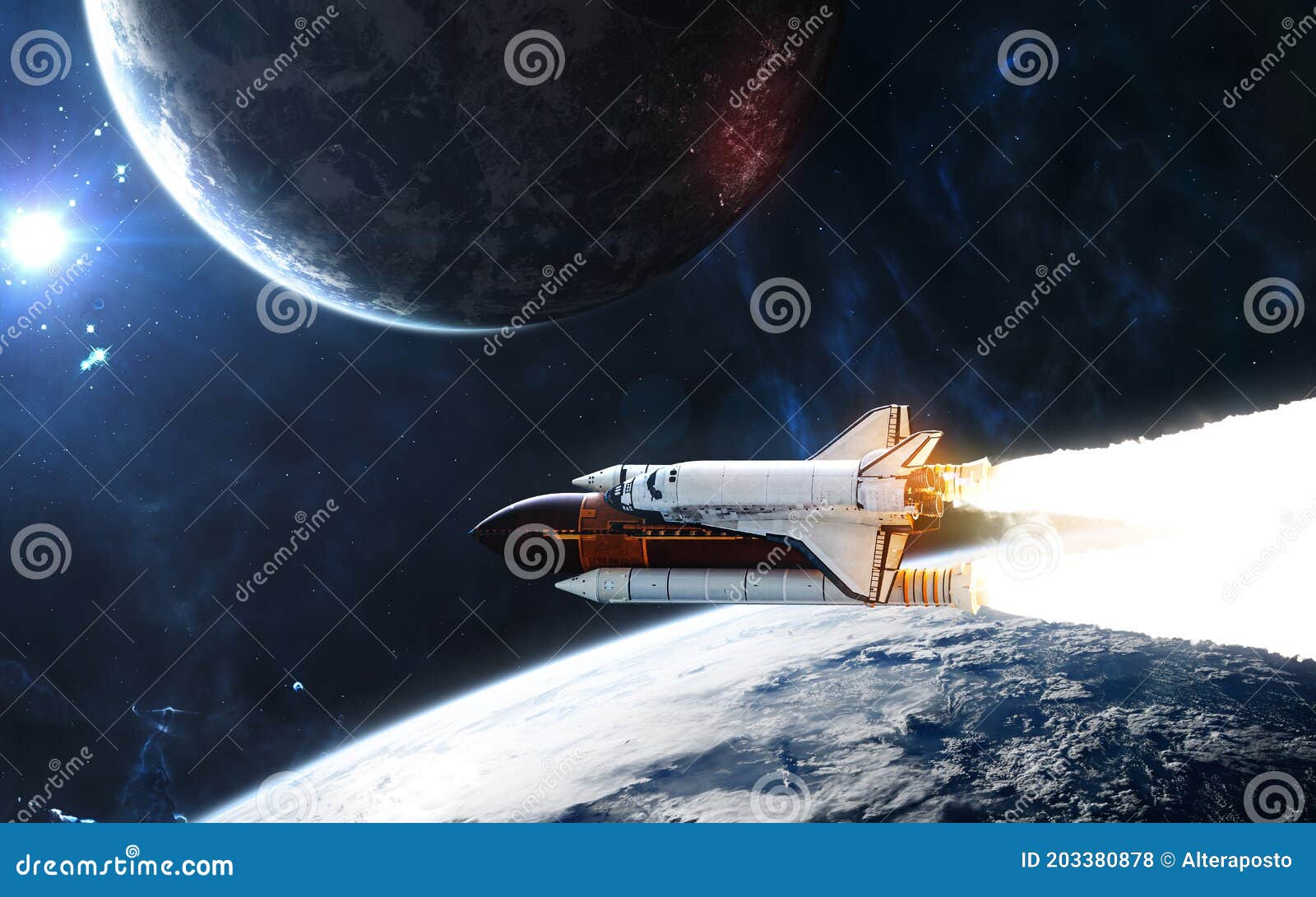 Deep Space. Space Shuttle Orbiting Planet in Light of Blue Star Stock ...