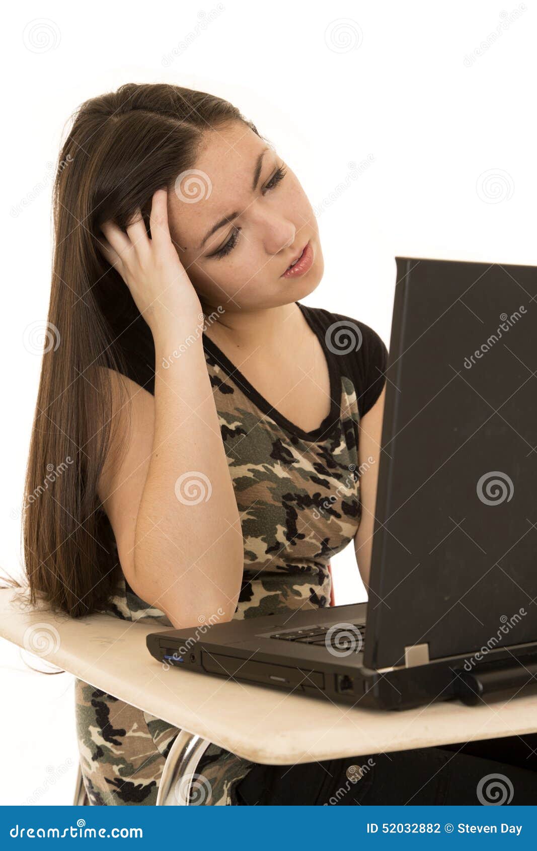 Deep Thinking Female Model Looking at Her Laptop Computer Stock Photo ...
