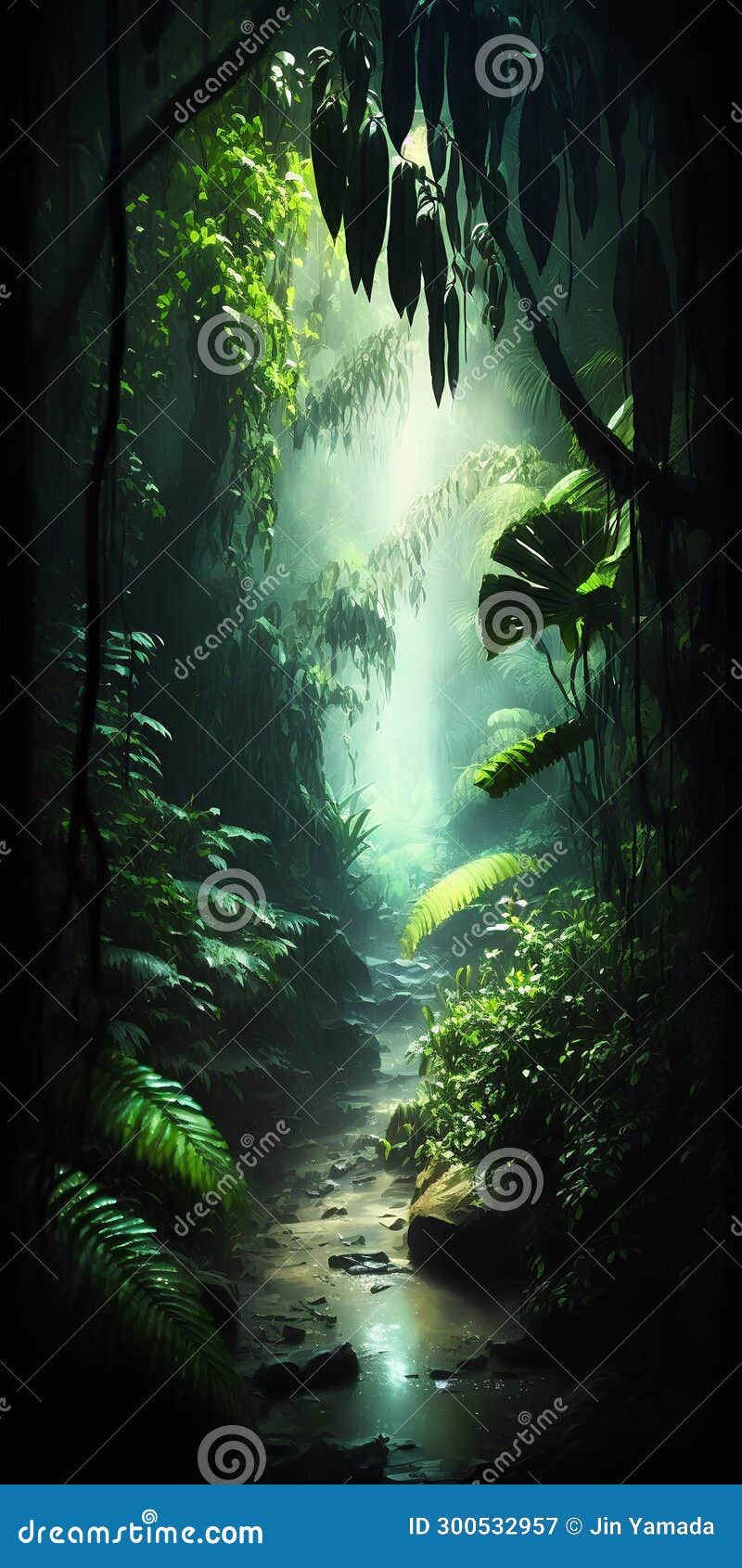 Deep Tropical Rainforest with Flowing River and Green Leaves, 3d Render ...