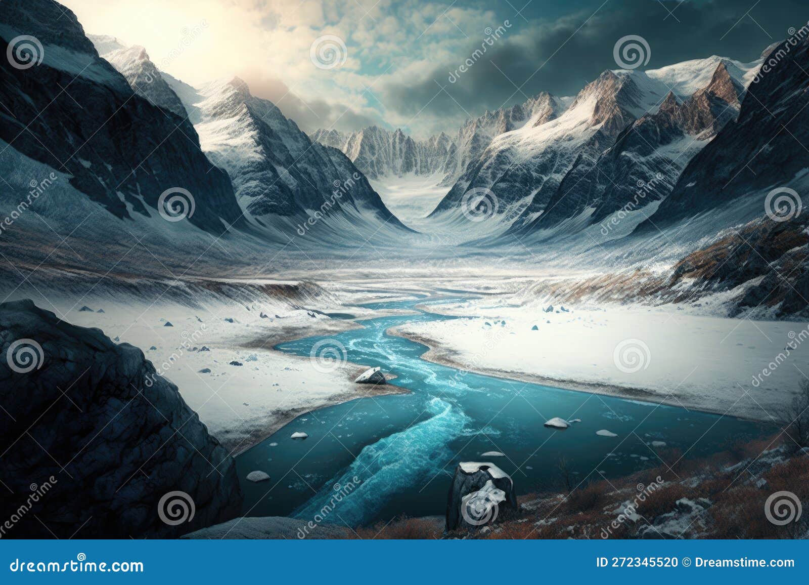 Deep Valley in Glacier among Mountains with Ice and Snow River in Ice ...