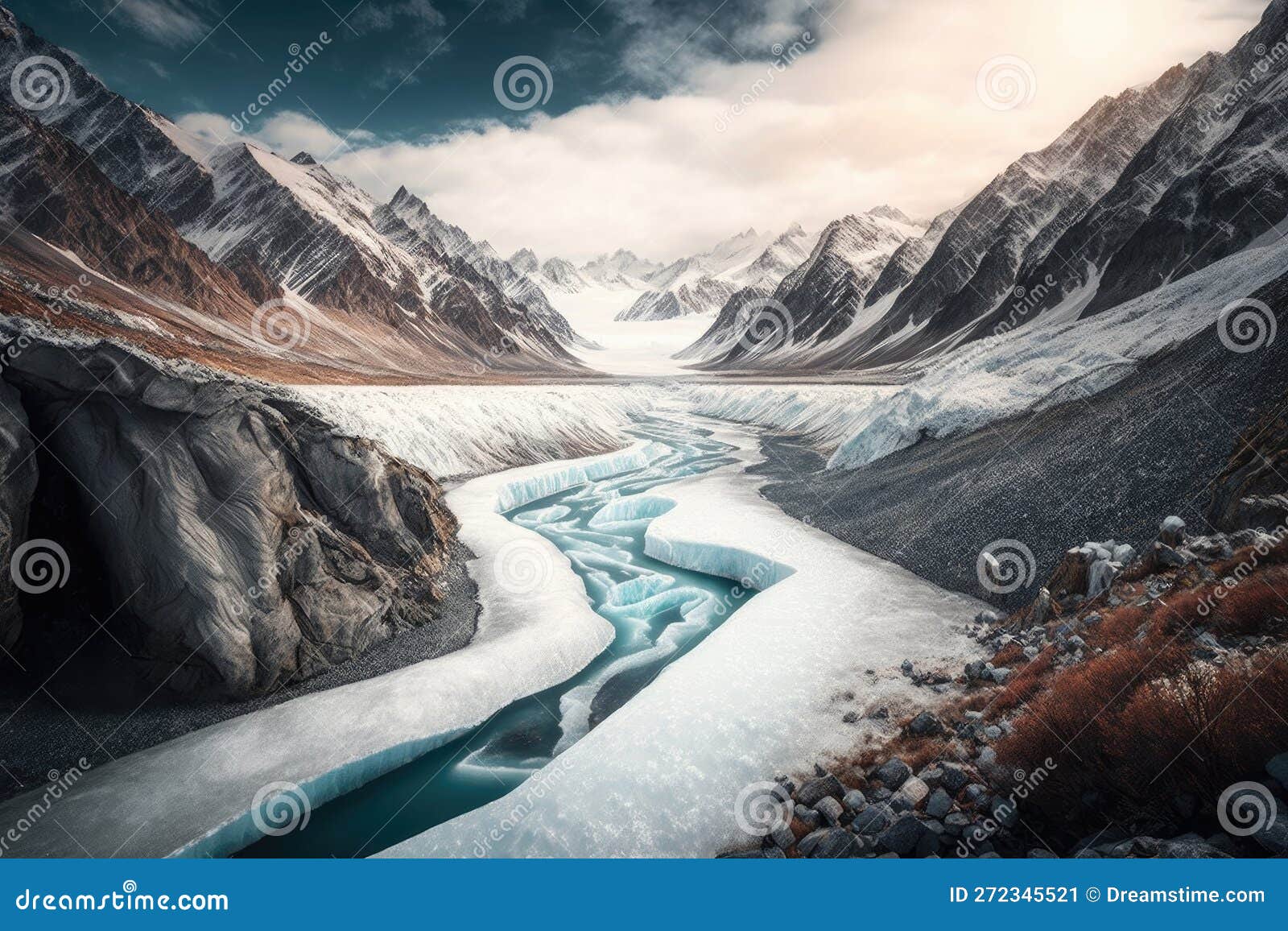 Deep Valley in Glacier among Mountains with Ice and Snow River in Ice ...