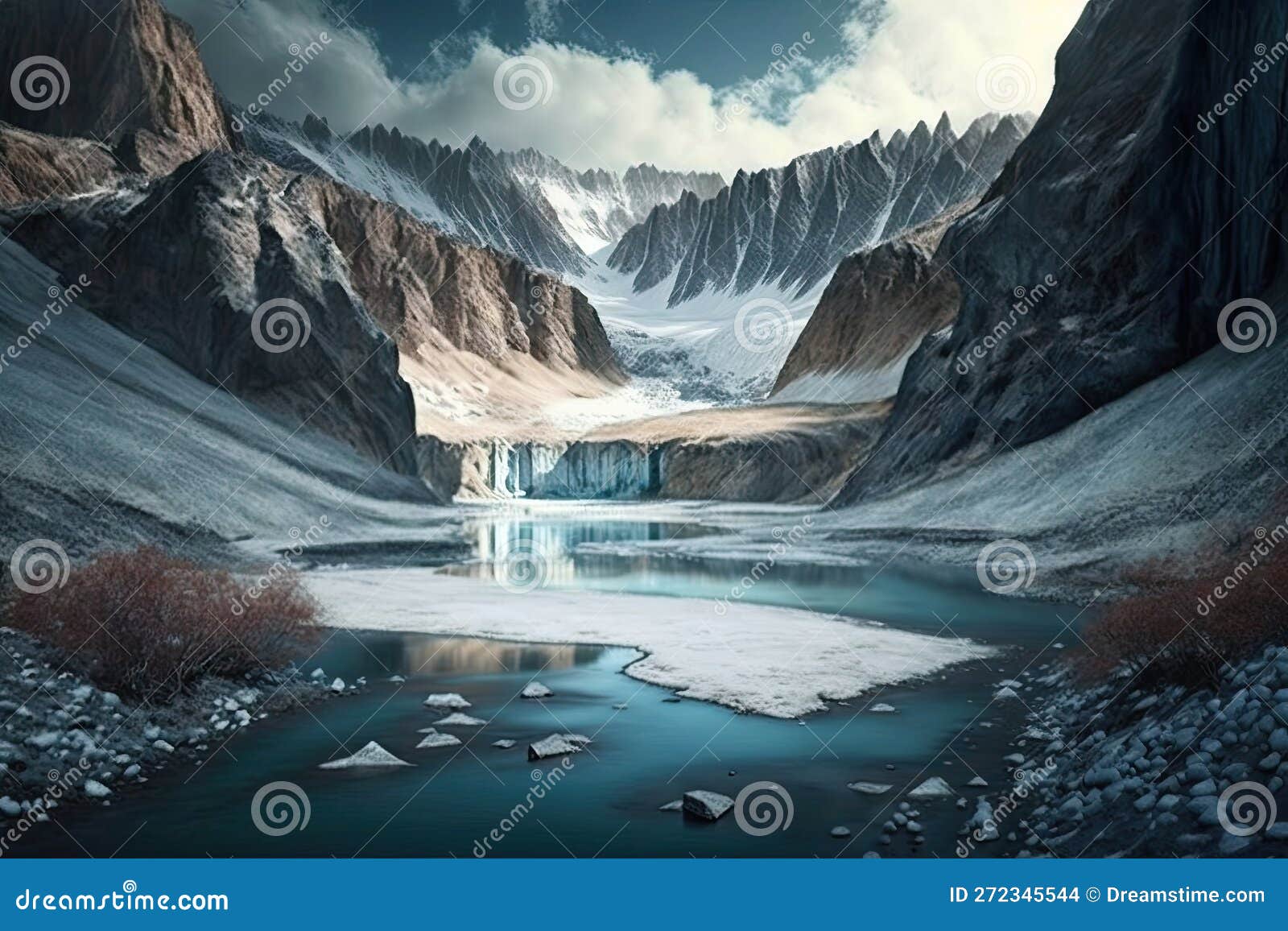 Deep Valley in Glacier among Mountains with Ice and Snow River in Ice ...