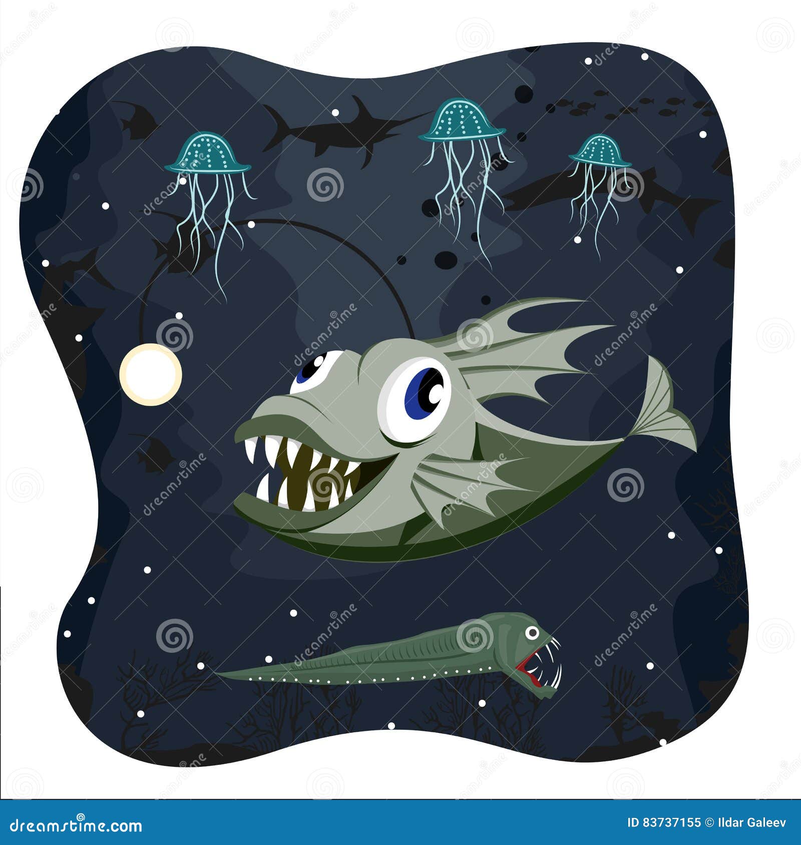 Deep Sea Angler Fish On Black Isolated Background. Vector Image ...